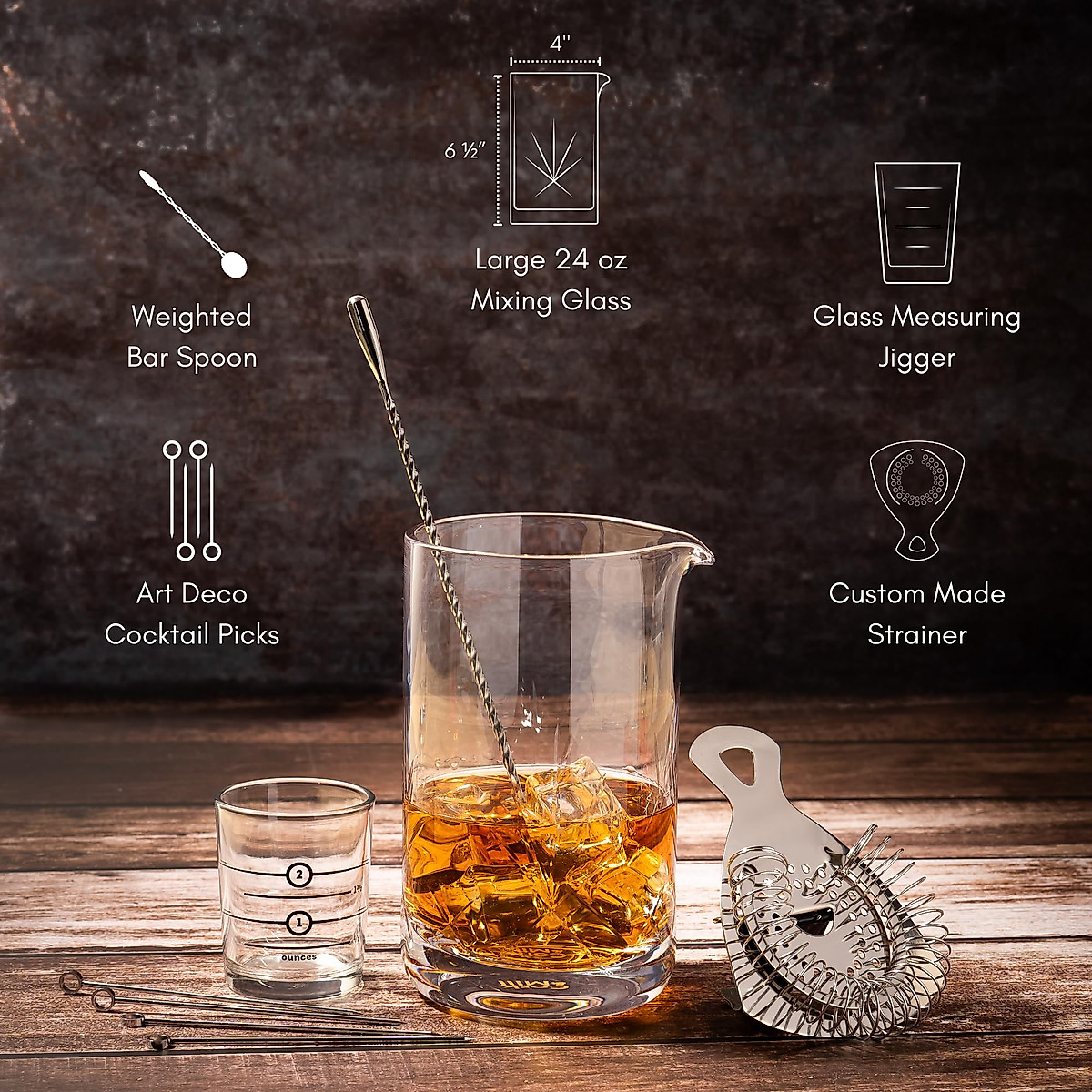 Cork & Mill Cocktail Mixing Glass, Old Fashioned Kit, Large 24 oz Crystal Cocktail Mixer for Bartenders and Mixologists, 9-Piece Bar Accessories Cocktail Set for Manhattans and Other Whiskey Drinks