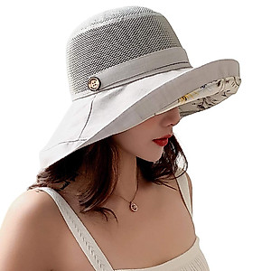 Women Mesh Sun Hats Summer Beach UV Protection UPF Packable Wide Brim Chin Strap (Grey)