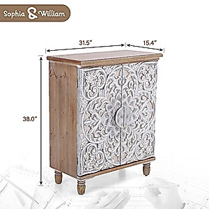 Sophia & William Accent Storage Cabinet with 2 Doors, Distressed Decorative Cabinet Storage Organizer with Wood Frame and Silver Embossed Pattern for Entryway Hallway Lvinig Room