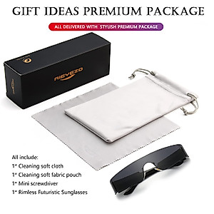 AIEYEZO Modern Fashion Rimless Futuristic Wrap Around Sunglasses Women Men Cyberpunk Visor Sun Glasses Trendy Future Shades (Black/Grey)