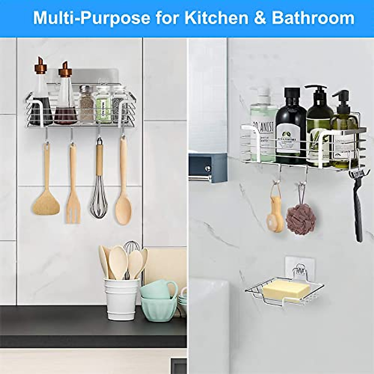 Ecloo Shower Caddy Adhesive Wall Mounted Bathroom Shelves Organizer Cosmetic Organizer Makeup Organizer Holder for Bathroom Kitchen Organizer Storage Wire Shelves Basket (3-Tiers)