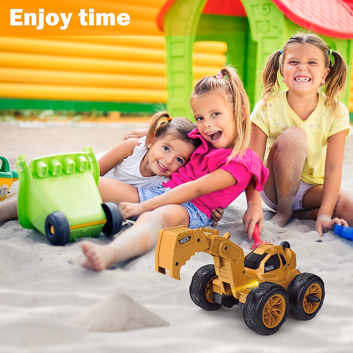 Dawdix Remote Control Excavator Toy Truck, Rotate 360 degrees Excavator Construction Vehicles with LED Light, 2 Rechargeable Batteries, Ideal Gift for Kids