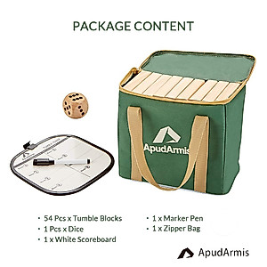 ApudArmis 54 PCS Tumble Timber Set [Stack to 3FT], Pine Wooden Tumble Tower Game with Dice and Scoreboard Set - Classic Block Stacking Board Game for Teens Children Teenagers