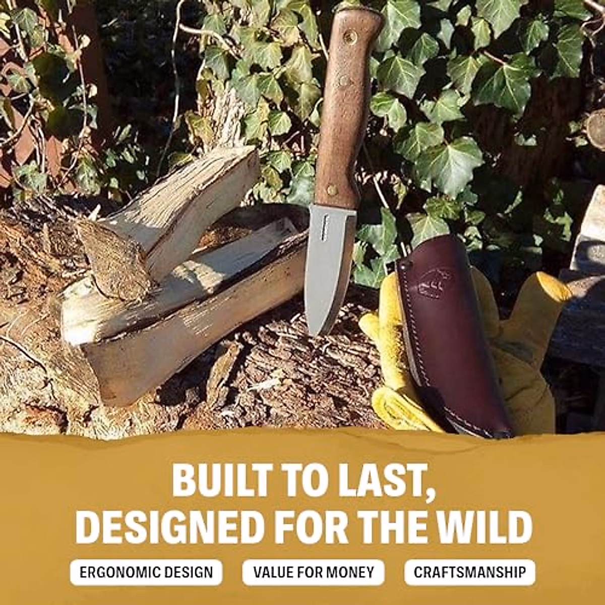 Condor Bushlore Knife | Bushcraft Knife | High Carbon Steel | Walnut Handle | Scandi Grind | Small Fixed Blade Knives | Hand Crafted Leather Sheath | Camp Knife | 3mm Thick | 4.3in Blade | 6.1oz