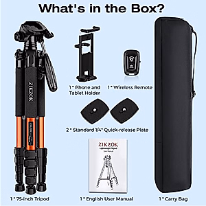 75 inch Travel Camera Tripod, Lightweight Aluminum Video Tripod for DSLR SLR Canon Nikon Sony Olympus DV with Carry Bag