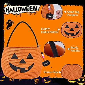 MELLBAY Halloween Basket, Halloween Trick or Treat Pumpkin Candy Bucket, Woven Personalized Halloween Baskets with Name Tag Pumpkin & White Pen for Kids Gift Basket