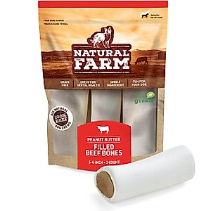 Natural Farm Peanut Butter Flavor Filled Dog Bones (5-6 Inch, 3 Pack), Limited Ingredient Stuffed Dental Dog Bone Treats for Small, Medium and Large Dogs