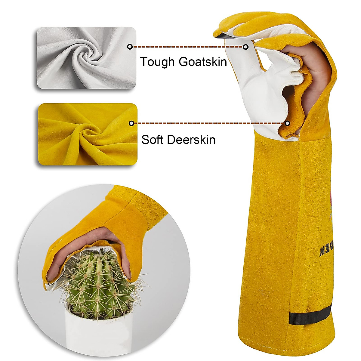 FEISHDEK Garden Gloves Women/Men Thorn Proof, Deerskin Suede, 2 Layers Leather Rose Pruning Long Gardening Gloves for Cactus Handling (Medium - Long Sleeve, Yellow)
