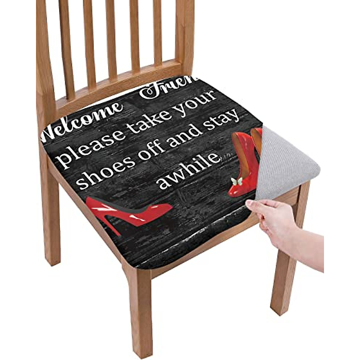 Seat Covers for Dining Room Chairs, Welcome Friend Red High Heels Black Retro Wood Grain Fitted Stretch Chair Seat Covers, Removable Washable Kitchen Dining Chair Slipcovers Protector Set