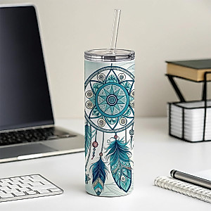 Abstract Teal Blue Dream Catcher Southwestern Design Skinny Tumbler 20oz with Straw Insulated Water Bottle Gift