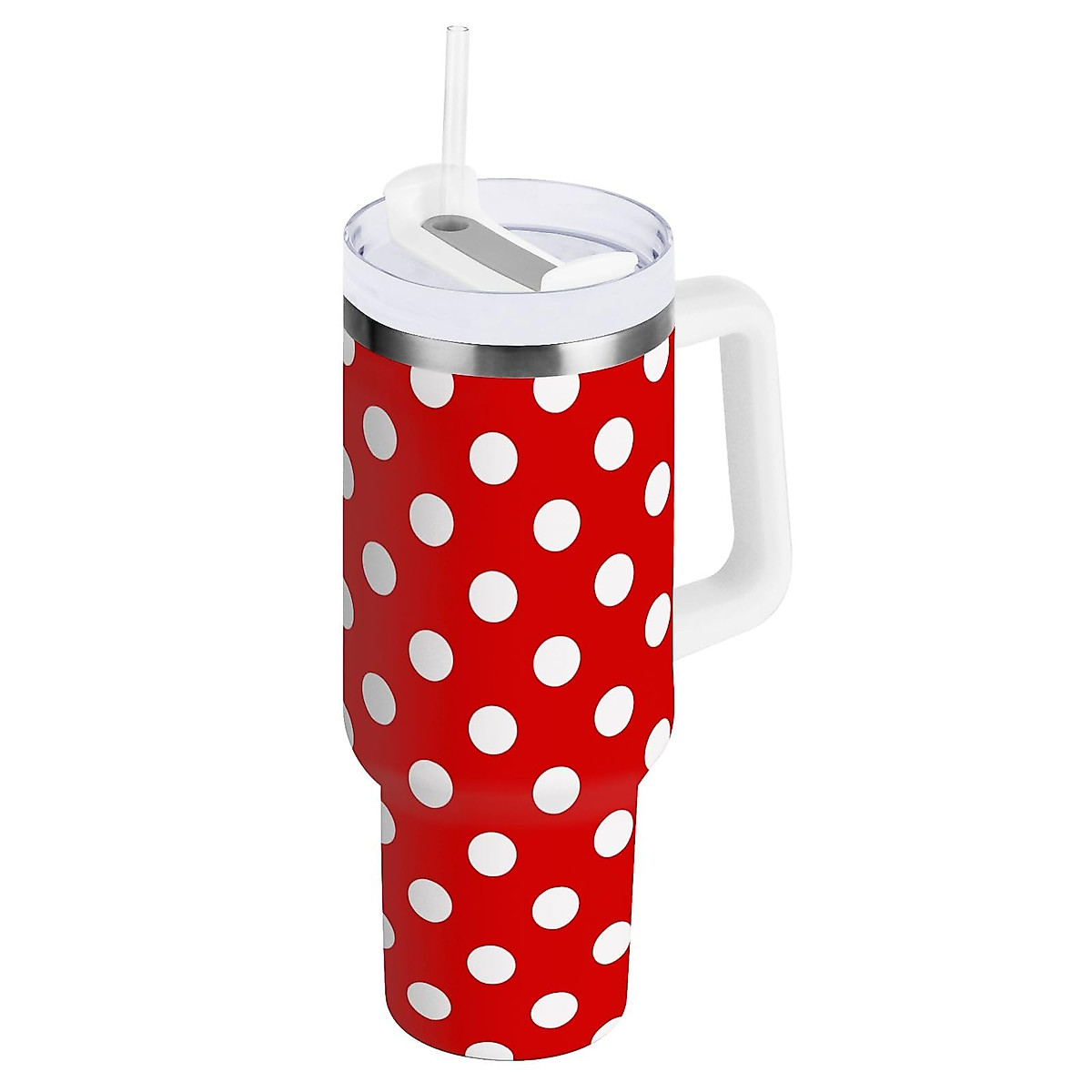 Polka Dot Red Stainless Steel Vacuum Insulated Tumbler with Handle and Straw Lid for Water, Insulated Tumbler 40 OZ / 1.18 L