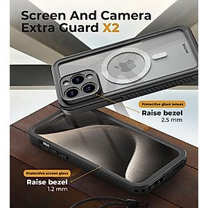 MOTIVE Waterproof Case for iPhone 15 Pro Max, Built-in Screen Protector, Compatible with MagSafe, Dustproof, Shockproof, Complete 360° Water Resistance case for iPhone 15 Pro Max 6.7" | Black