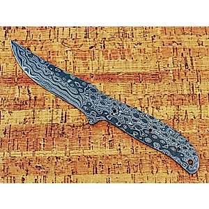 9 inches long Rain drop pattern Damascus steel Trailing point blank blade, knife making supplies, 4.5 inches long straight back scale with 3 pin and a lace holes, 4 inches cutting edge