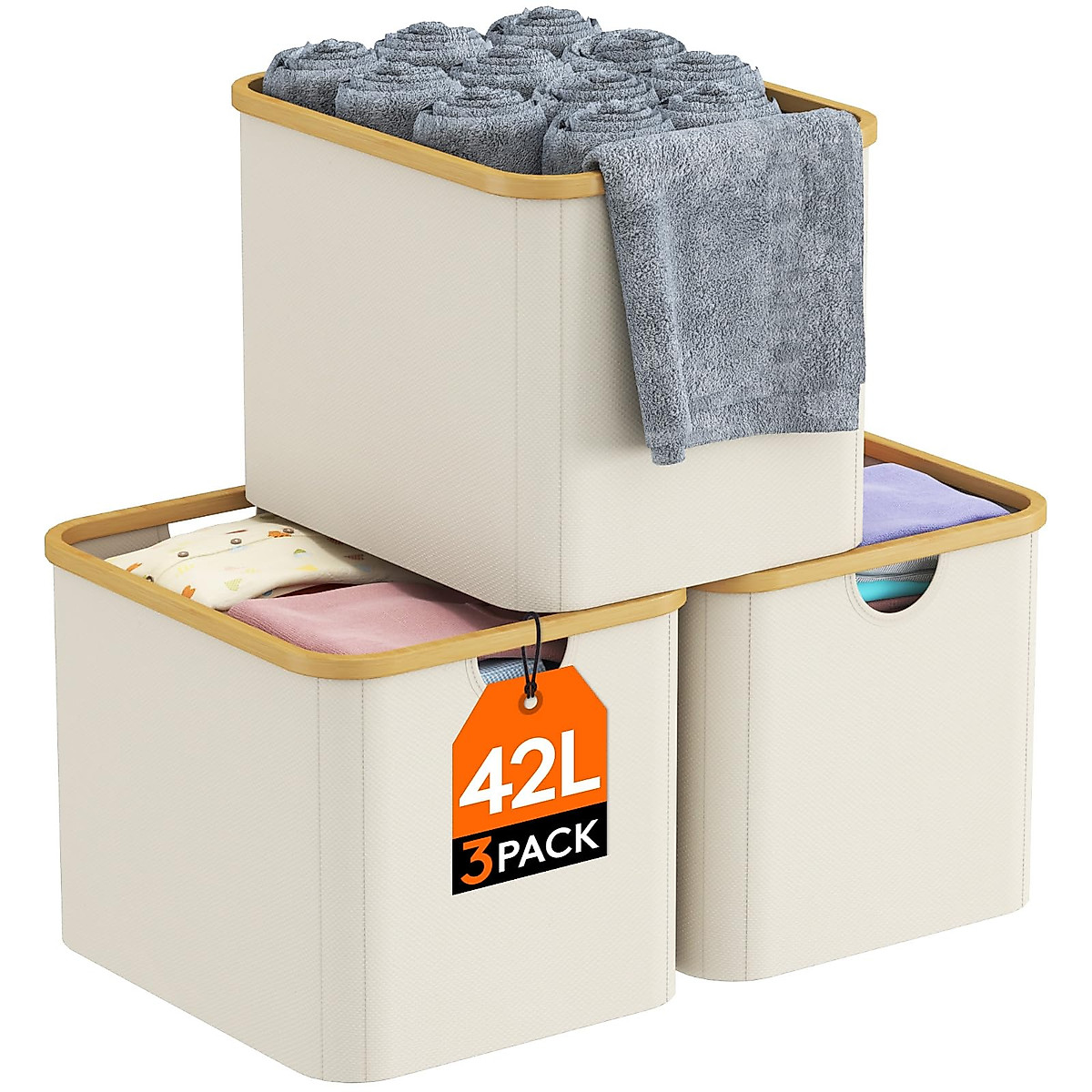 Lifewit 42L Collapsible Storage Bin with Bamboo Handles, Foldable Storage Basket for Organizer, Storage Cubes for Closet and Shelves, Dorm, Laundry Room, Bedroom, White, 3 Pack