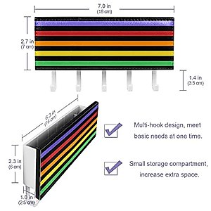 Colorful Horizontal Lines Striped Pattern with Black Background Mail Holder Organizer and Key Hooks PU Front, Self Adhesive Key Rack with 5 Hooks Perfect for Entryway, Hallway，Bathroom ，Kitchen