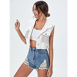 Verdusa Women's Fringe Raw Trim Sleeveless Denim Vest Jean Jacket Coat White S