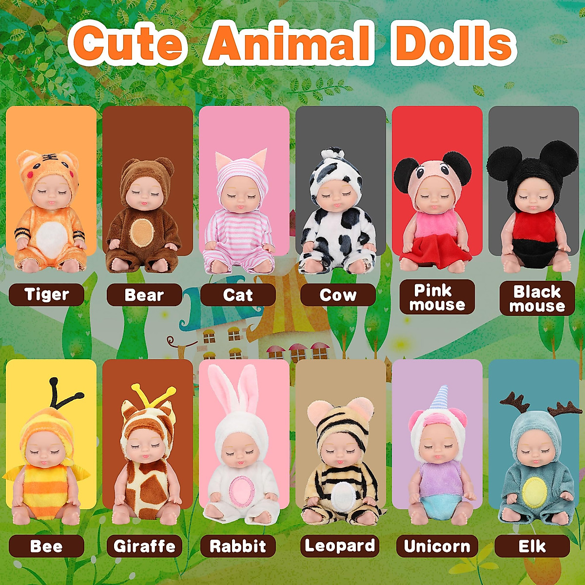 Xefuu 12 Pcs Mini Baby Dolls 4.5 Inch Lifelike Realistic Baby Toy Dolls Tiny Reborn Babies with Animal Clothes Cute Small Baby Doll for Kids Girls Boys Toddlers Easter Gifts