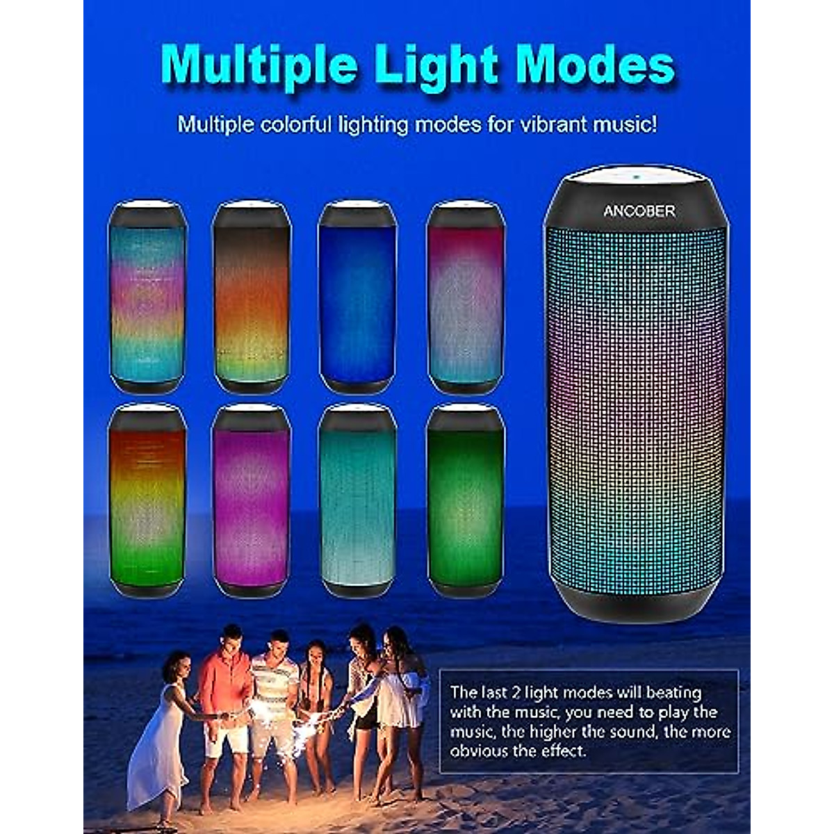 Wireless Bluetooth Speaker, Portable Speaker 15W Stereo Sound with Multi LED Light Dynamic Modes, IPX4 Waterproof Bluetooth Speakers, BT5.3, TWS Surround Pairing, Lightweight for Party Outdoor Camping