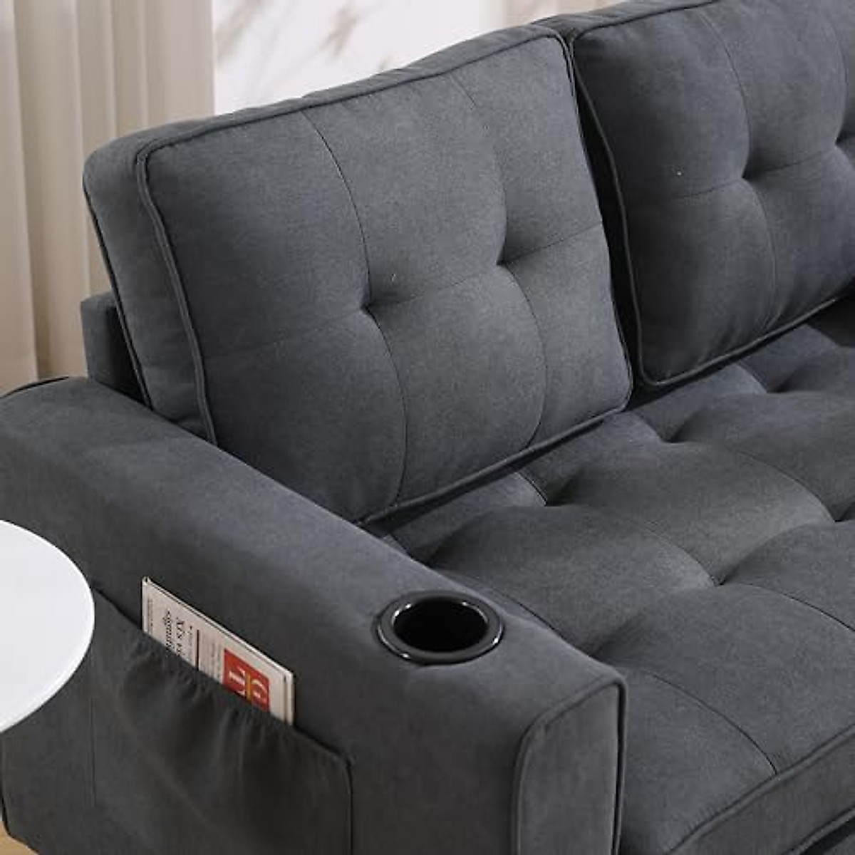 3 Fold Tufted Upholstered Futon Sofa Bed Modern Convertible Foldable Loveseat Floor Sofabed with Pull Out Sleeper Couch Daybed W/Cupholders and Pockets for Living Room