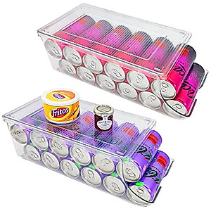 SCAVATA 2 Pack Skinny Can Organizer for Refrigerator, Stackable Tall Skinny Soda Pop Can Holder Dispenser with Lid for Fridge Pantry Rack Freezer, Clear Plastic Storage Bins-Holds 12 Slim Cans Each