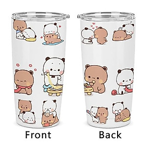 KAOQUANYA Cute Bear Panda And Dudu-2 20 Oz Covered Straw Tumbler Stainless Steel Double Wall Vacuum Insulated Travel Cup With Leak Proof Lid Stainless Steel Water Bottle Reusable Ice Hot Drinks Mug