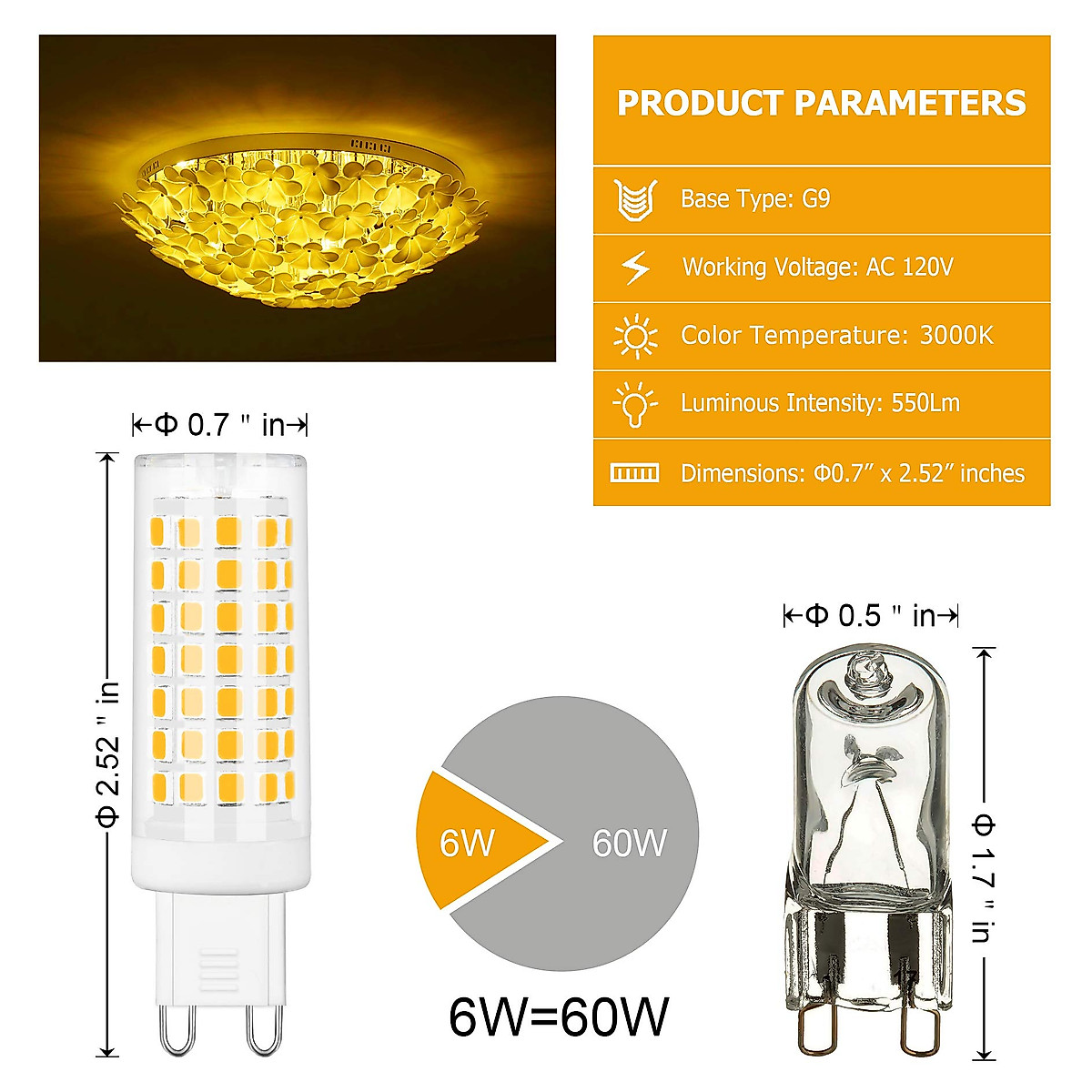 comzler G9 LED Bulb Bi Pin Base 6W Soft White 3000K G9 Base Bulbs, 60W Halogen Equivalent, 550LM, Ceramic Base G9 Light Bulbs for Chandelier, Non-dimmable, Pack of 6