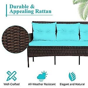 Acquire 3 PCS Patio Rattan Furniture Set 3-Seat Sofa Cushioned Table Turqouise Suitable for Poolside, Backyard and Garden, Etc