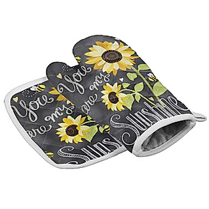 Set of Oven Mitt and Pot Holder, Sunflowers Bees Chalkboard Art Oven Gloves Heat Resistance Non-Slip Surface for Kitchen BBQ Cooking Baking Grilling, You are My Sunshine Quotes