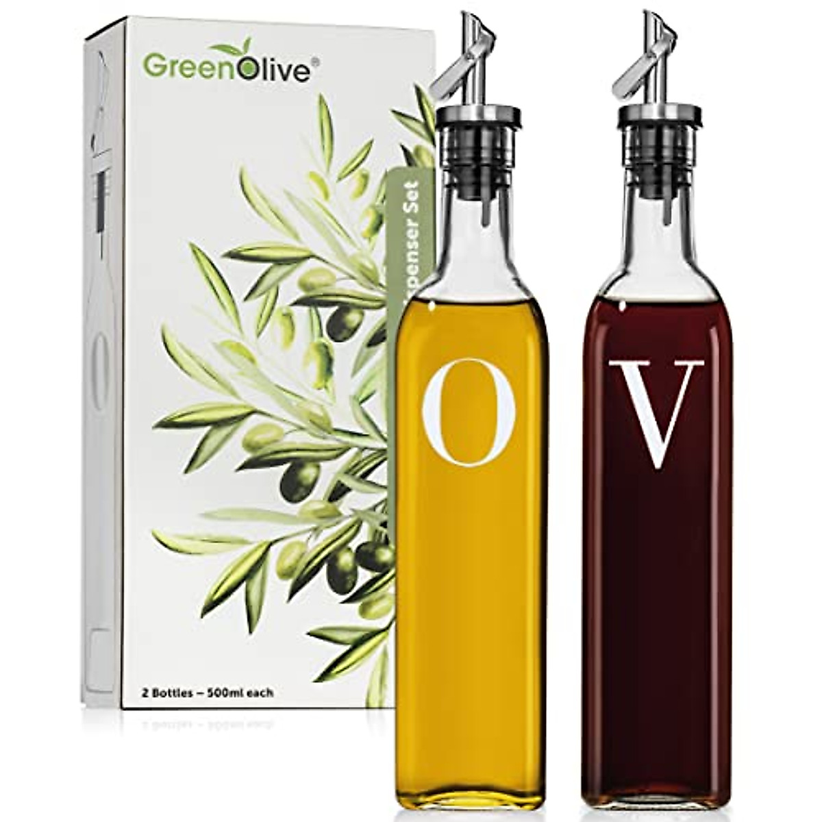 GREENOLIVE Professional Glass Oil and Vinegar Dispenser Set - Olive Oil Bottle with Pourer Caps, Ideal for Kitchen Use - Oil Dispenser Bottle Set (O & V Letters)