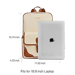 BOSTANTEN Leather Laptop Backpack for Women 15.6 inch Computer Bag Stylish College Daypack Travel Bag Off-white with Brown