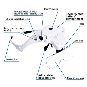 Hands Free Headband Magnifying Glass, USB Charging Head Magnifier with LED Light Jewelry Craft Watch Hobby 5 Lenses 1.0X 1.5X 2.0X 2.5X 3.5X (Upgraded Version)