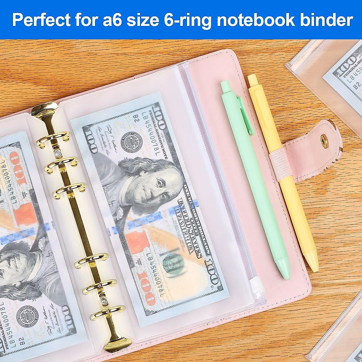 KTRIO 16PCS A6 Binder Pockets 6 Holes Budget Cash Envelopes Clear Zipper Folders for 6-Ring Budget Binder Notebook, Loose Leaf Bags, Waterproof PVC Document Pouch Organizers