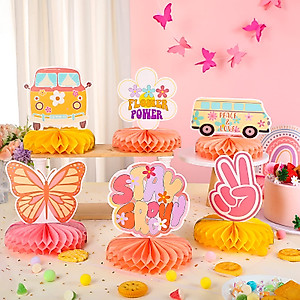 9 Pcs Groovy Hippie Party Honeycomb Centerpieces Retro Rainbow Daisy Flower Butterfly Peace Theme Two Groovy Table Topper Birthday Party Decoration for Girl Teen Baby Shower Photo Booth Prop