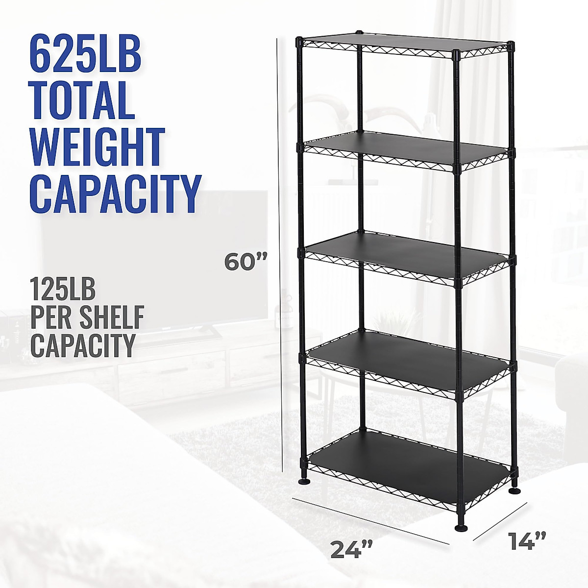 SafeRacks - NSF Certified Storage Shelves, Zinc, Heavy Duty Steel Wire Unit with Wheels and Adjustable Feet, Garage or Bakers Rack, Kitchen, Pantry Shelf - (24"x14"x60" 5-Tier) (Black)