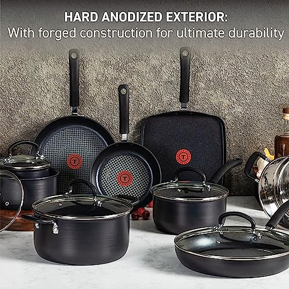 T-fal Ultimate Hard Anodized Nonstick Cookware Set 14 Piece Pots and Pans, Dishwasher Safe Black
