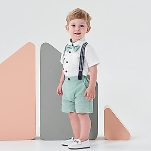 Volunboy Baby Boy Formal Short Set Toddler Summer Gentleman Outfit Kid Short Sleeve Bowtie Shirt Suspender Shorts Suit (White+Green, 2-3T)