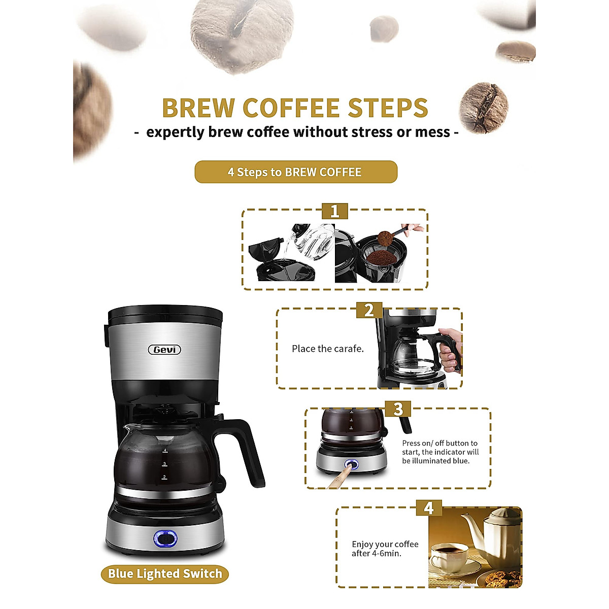 Gevi 4-Cup Coffee Maker with Auto-Shut Off, Small Drip Coffeemaker Compact Coffee Pot Brewer Machine with Cone Filter, Glass Carafe and Hot Plate, Stainless Steel Finish