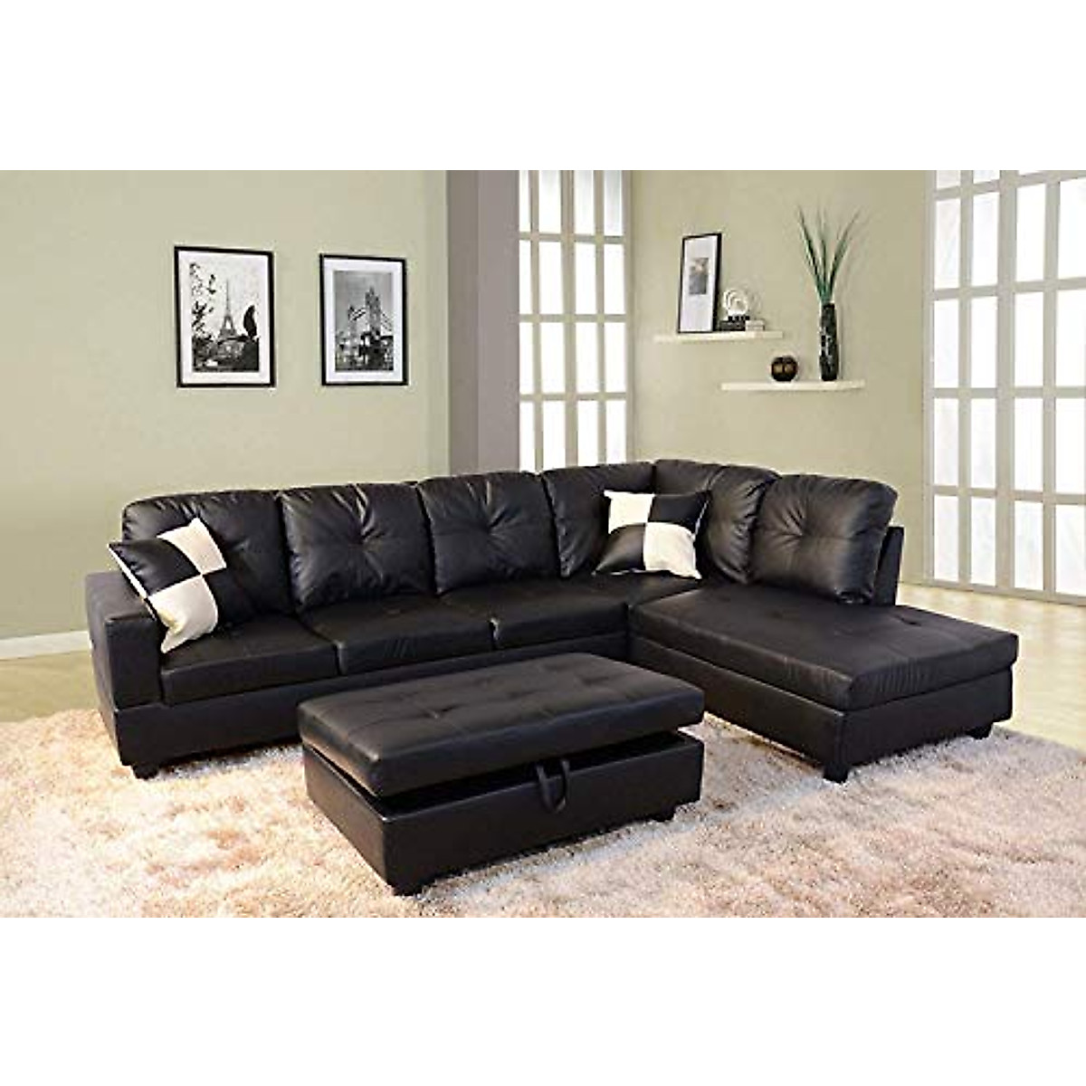 FlashBuy Sofa Sectional Sofa, L-Shape Faux Leather Sectional Sofa Couch Set with Chaise, Ottoman, 2 Toss Pillow Using for Living Room Furniture.（Black）