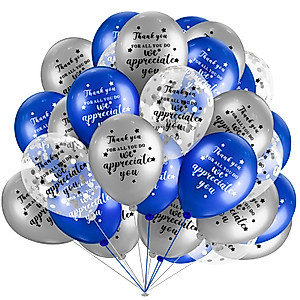 Seenelling 80 Pcs Thank You for All You Do, We Appreciate You Balloons Thank You Balloons for Customer Service Week Pastor Employee Appreciation Xmas Party(Blue, Silvery, Transparent Silver)