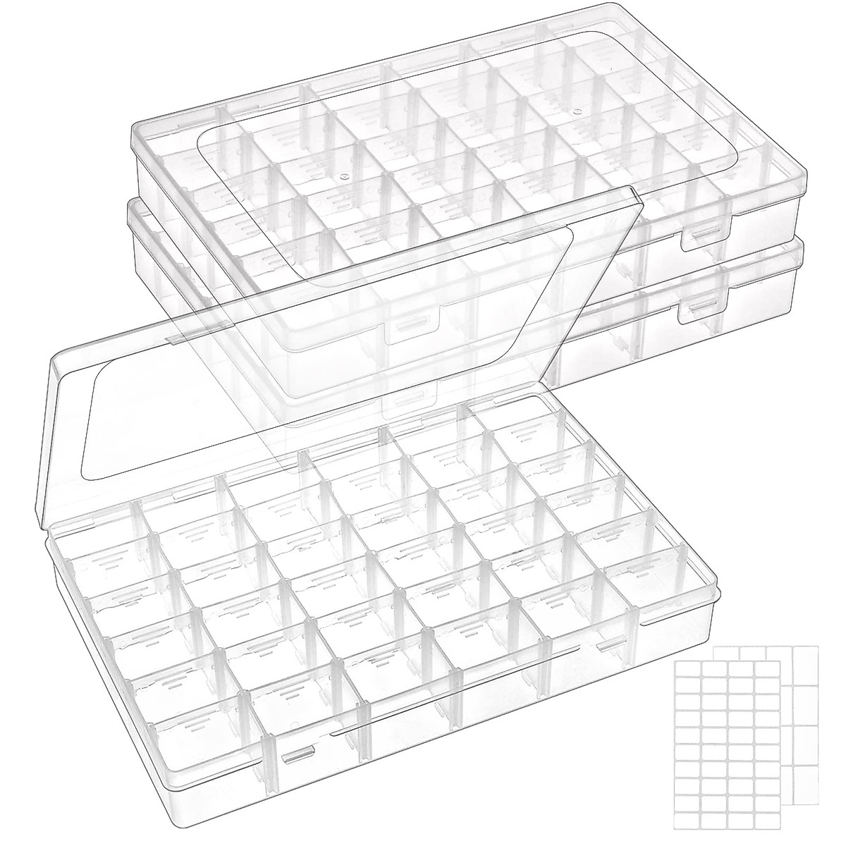 QUEFE 3 Pack 36 Grids Clear Plastic Organizer Storage Box Container, Craft Storage with Adjustable Dividers for Beads, Art DIY, Crafts, Jewelry, Fishing Tackle with Label Stickers