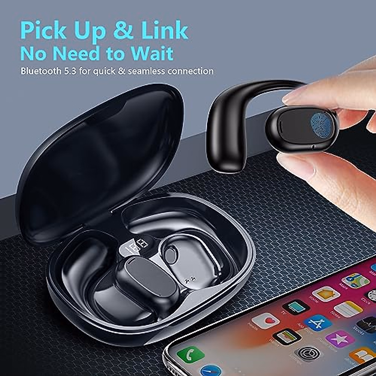 ZRUHIG Open Ear Headphones, [40hrs Long Playtime] Wireless Open Ear Earbuds with Digital Display Charging Case, Waterproof Conduction Headphones Bluetooth with Mic for Running, Cycling, Workout