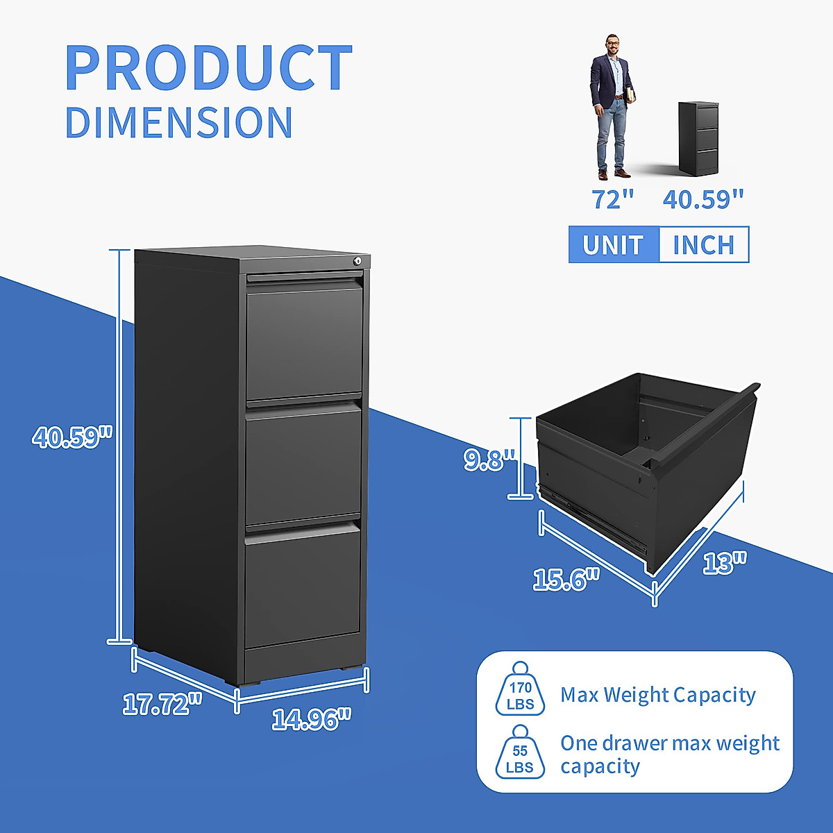 Yukimo Vertical File Cabinet with Drawers, 3 Drawer File Cabinet for Home Office, Locking File Cabinet Hanging Files for A4/ Legal/Letter, Black