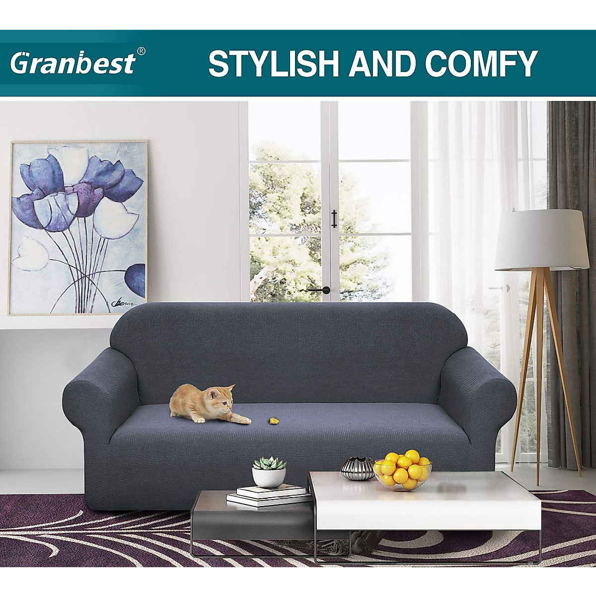 Granbest Premium Water Repellent Sofa Cover High Stretch Couch Slipcover Super Soft Fabric Couch Cover (Gray, Large)