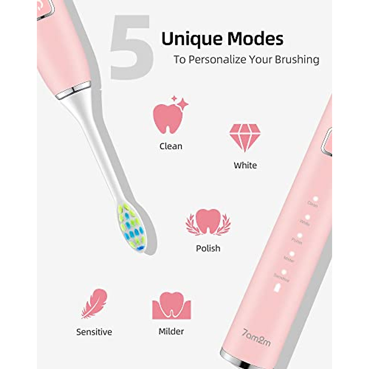 7AM2M Sonic Electric Toothbrush with 6 Brush Heads for Adults and Kids, One Charge for 90 Days, Wireless Fast Charge, 5 Modes with 2 Minutes Built in Smart Timer, Electric Toothbrushes(Pink)