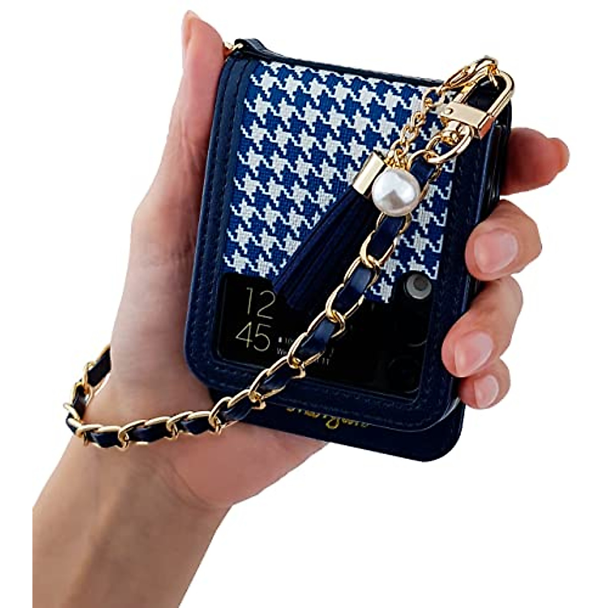 Qoosan Galaxy Z Flip 3 5G Case (2021) Pattern Leather Cover with Card Holder Wallet Hinge Protector Bling Metal Chain Wrist Strap Protective Phone case for Women, Navy Blue