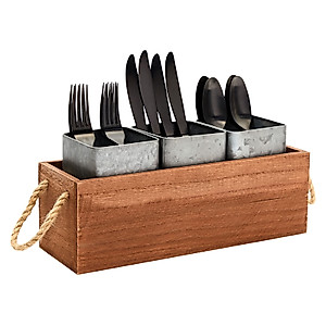 Farmhouse Galvanized Utensil Holder with 3 Compartments (12.6 x 4.5 x 5.3 In)