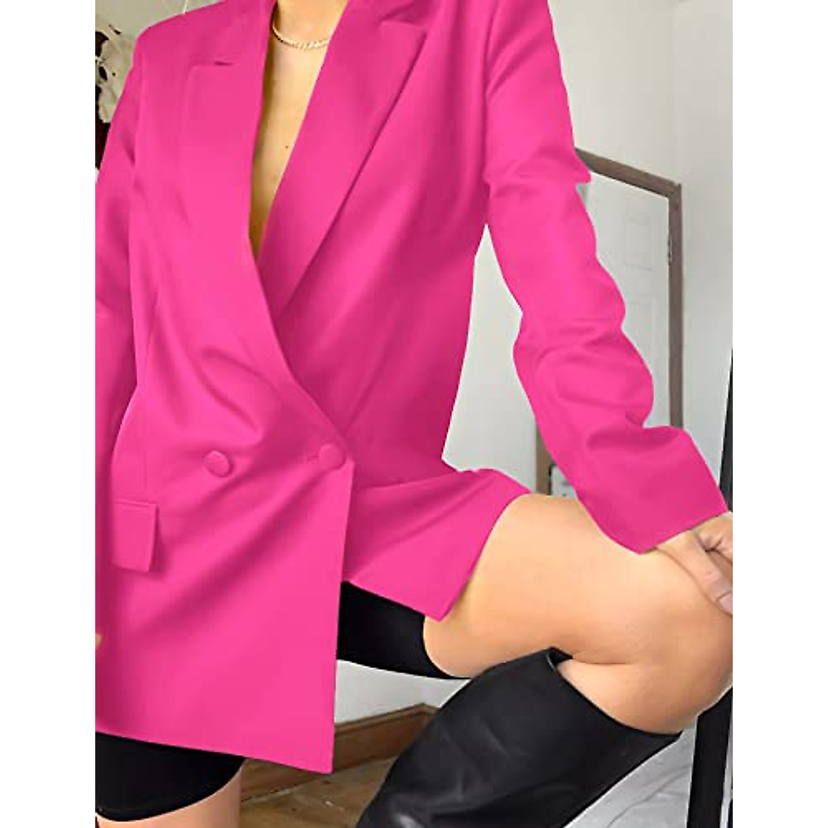 EXTRO&VERT Women Blazer Oversized Long Sleeve Lapel Button Boyfriend Casual Office Suit Jacket Hot Pink