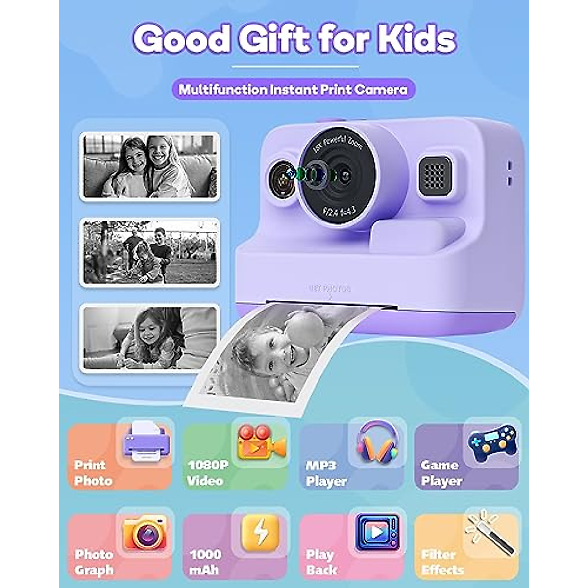 Dylanto Instant Print Camera for Kids,2.4 Inch Screen Kids Instant Cameras, Christmas Birthday Gifts for Girls Age 3-12, Portable Toddler Toy for 3 4 5 6 7 8 9 10 Year Old Girls Boys Purple