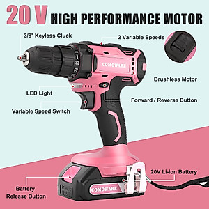 COMOWARE Cordless Drill Set, 20V Power Drill, Pink Drill Set for Women, 1 Battery & Charger, 3/8" Keyless Chuck, 2 Variable Speed, 266 In-lb Torque, 25+1 Position, with Pink Storage Bag
