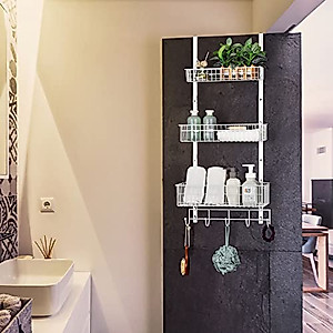 Over The Door Basket Organizer 3 Tier Hanging Kitchen Storage Rack Heavy Duty Pantry Organizer with 3 Basket and 5 Hooks Door Back Metal Wire Basket for Kitchen, Bathroom, Office, White